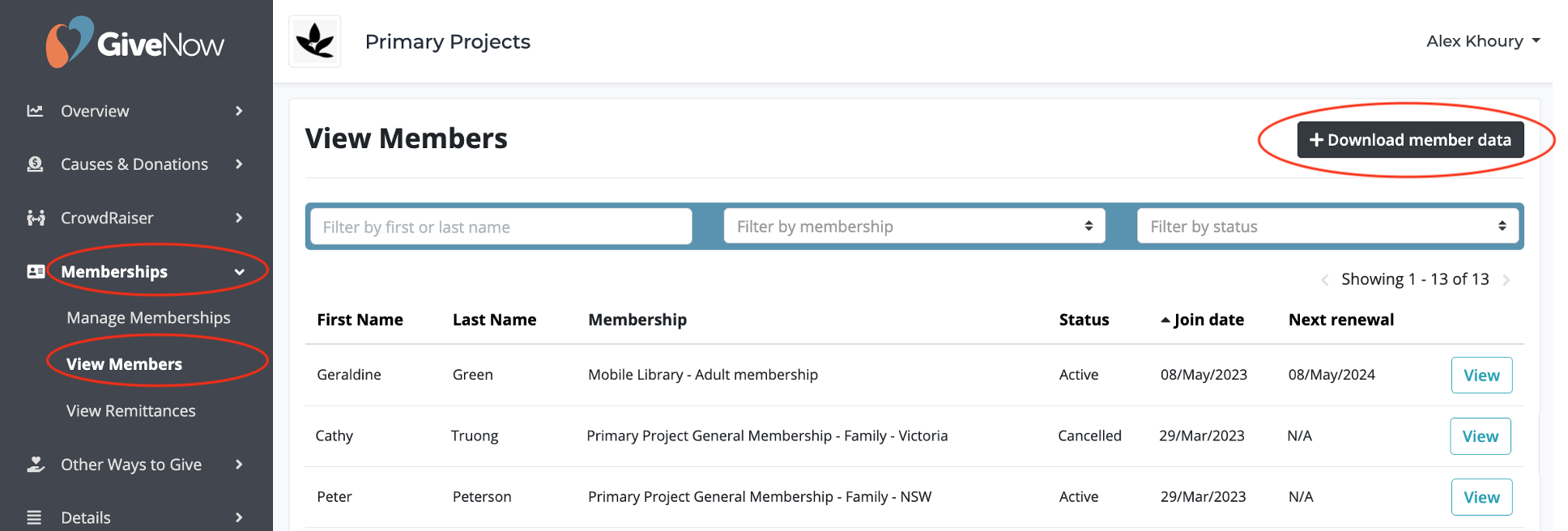 How do I view and download member data? – GiveNow